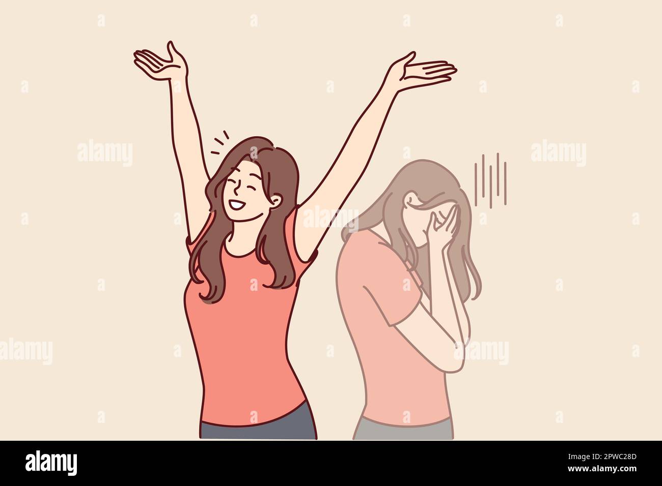 Woman raises hands up and rejoices having got rid of bad emotions and ...