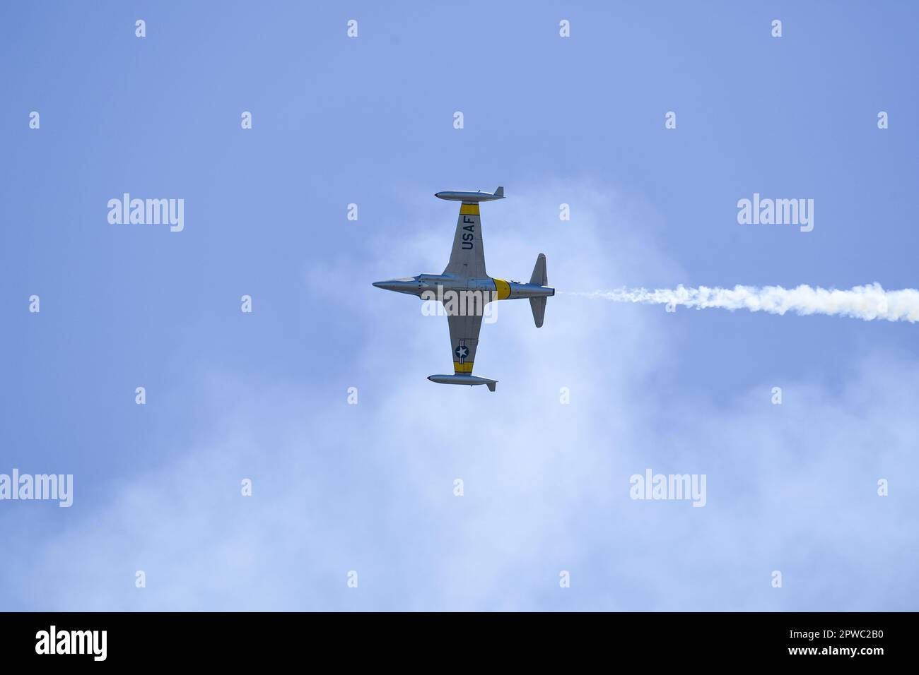 A T-33 Shooting Star flies during a practice session for the 2023 ...