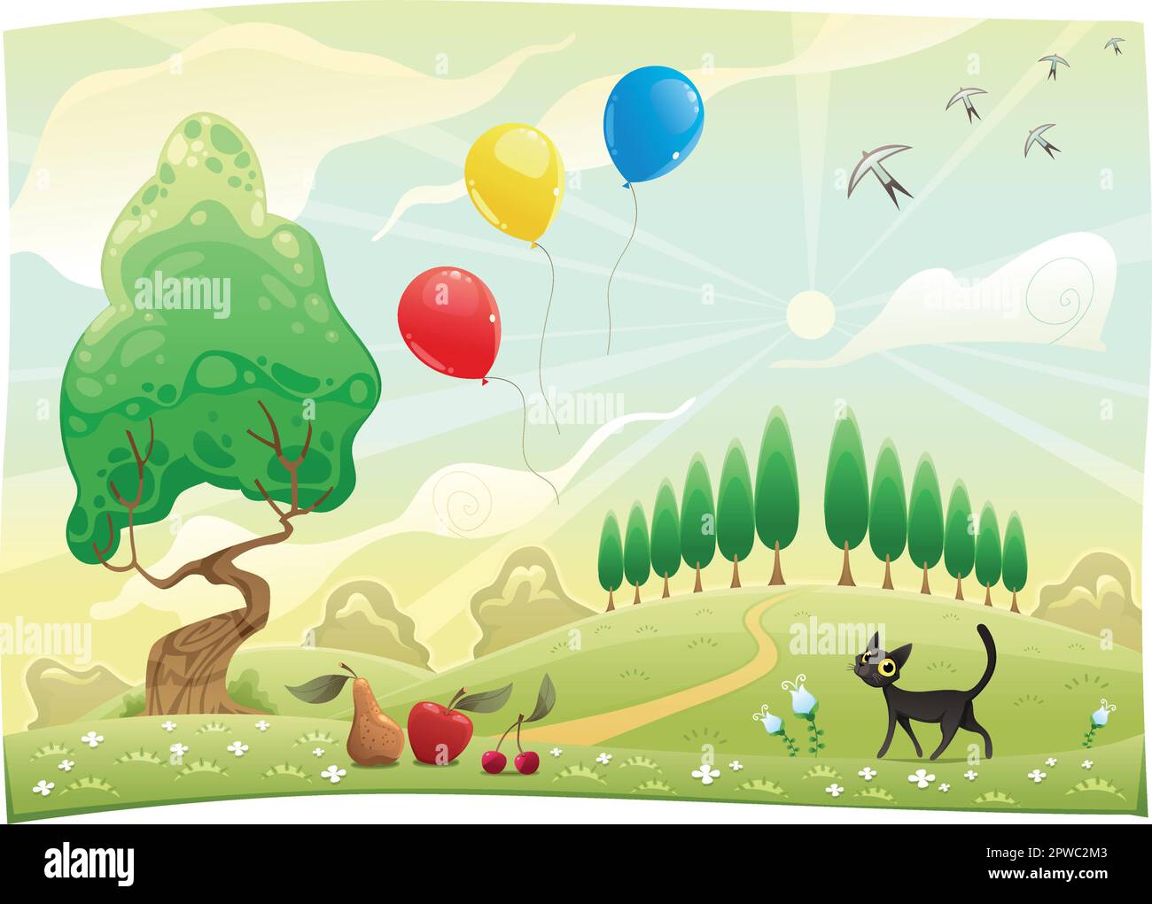 Landscape with cat. Funny cartoon and vector scene Stock Vector Image ...