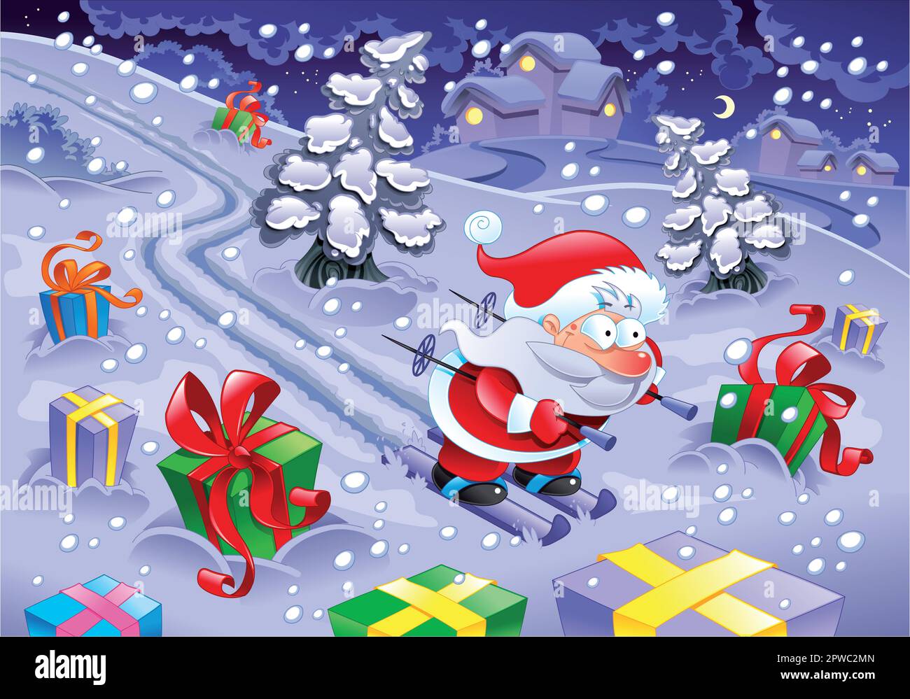 Santa Claus skiing in the night. Funny cartoon and vector illustration ...