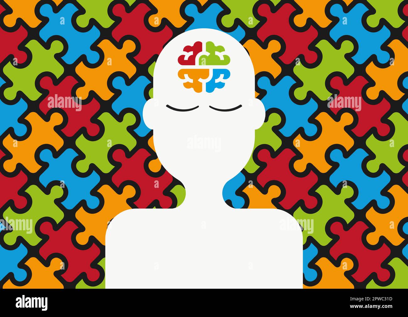 Silhouette of autistic person, his mind is represented with a puzzle of ...