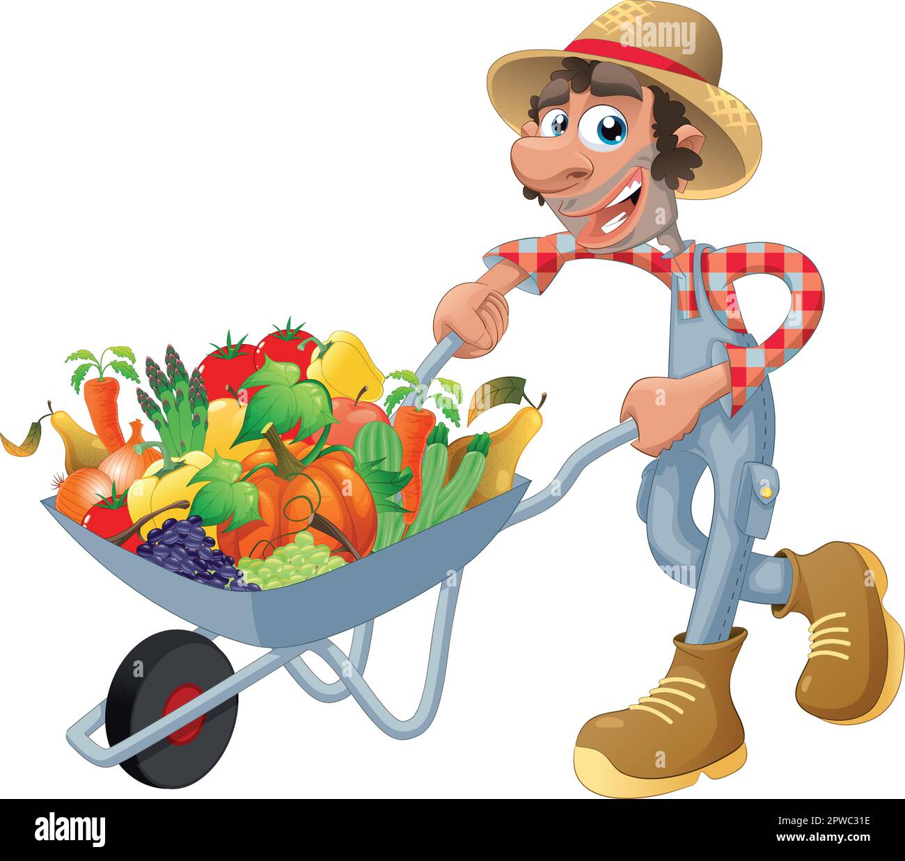 Peasant with wheelbarrow, vegetables and fruits. Cartoon and vector ...