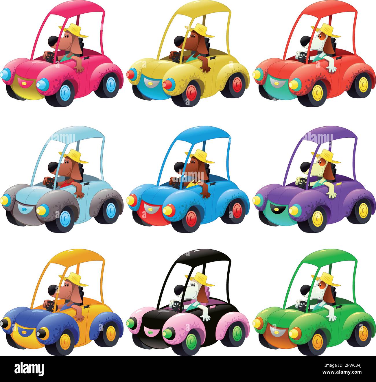 Cars group guided by dog. Funny cartoon and vector isolated objects ...