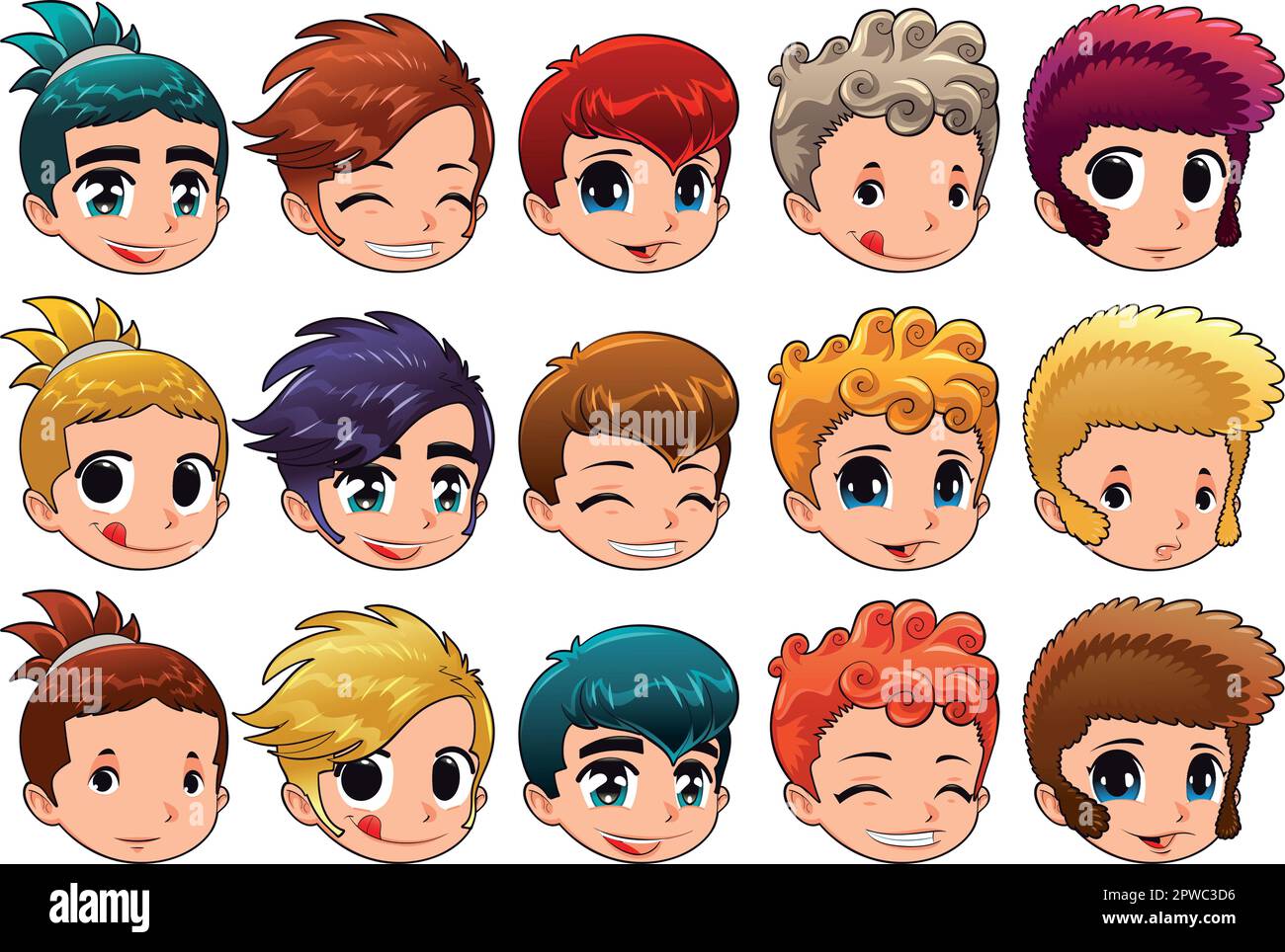 Group of faces with different expressions and hair. Cartoon and vector ...