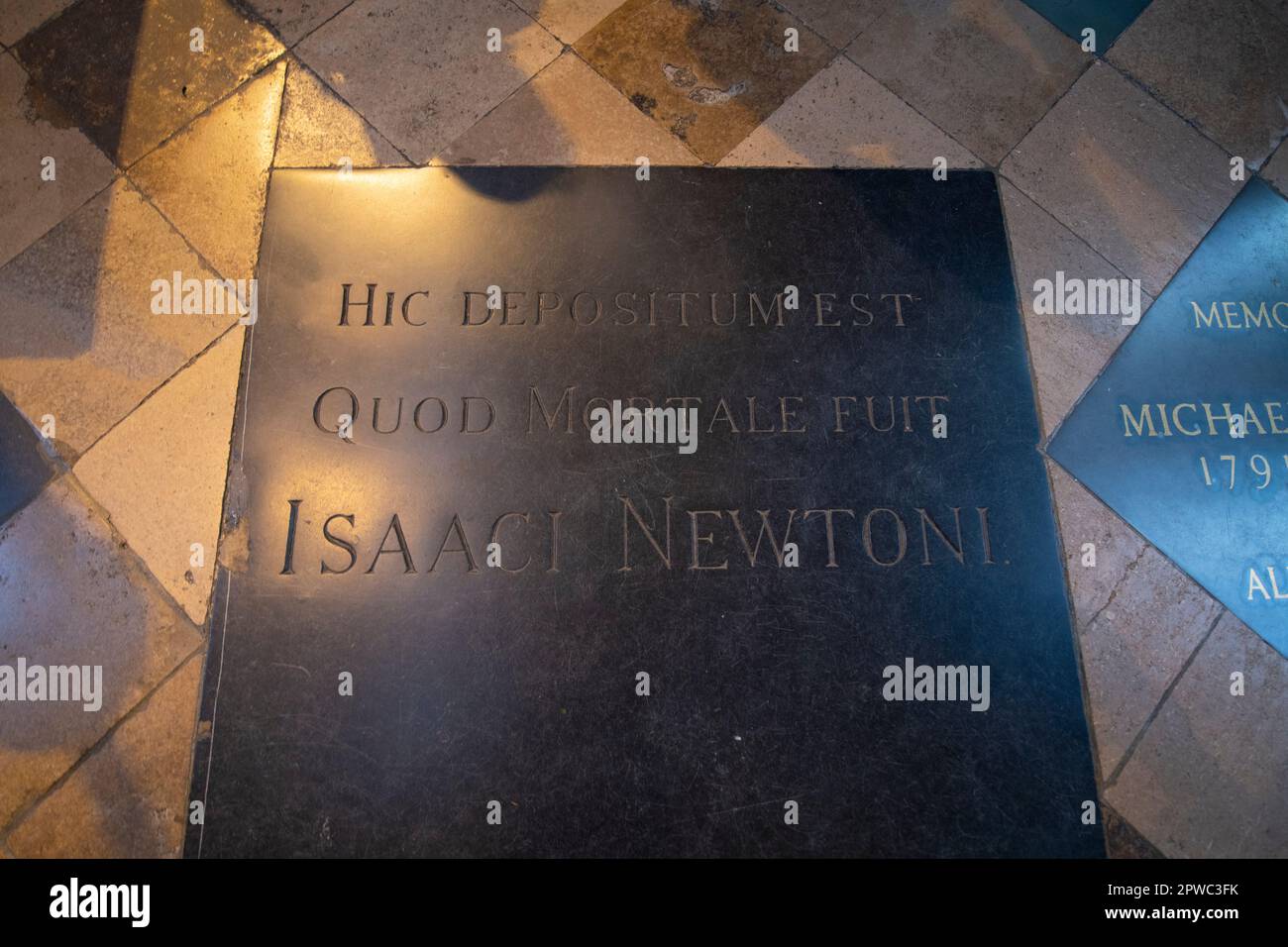 Sir Isaac Newton Tomb in Westminster Abbey. The church is World Heritage Site located next to ...