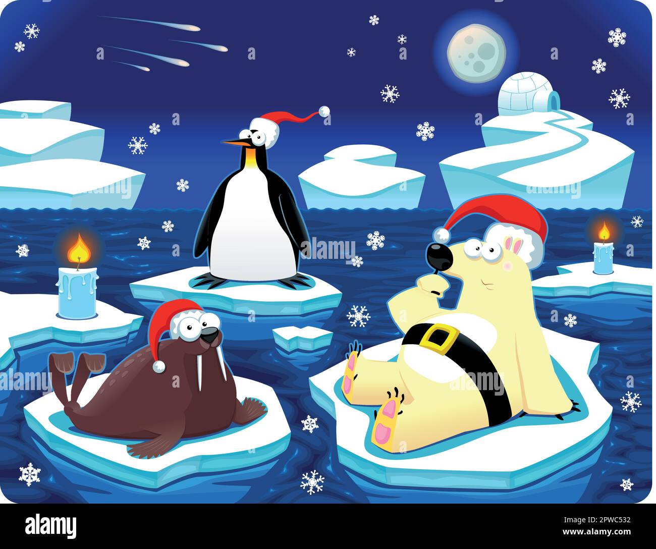 Christmas at the North Pole. Funny cartoon and vector illustration ...