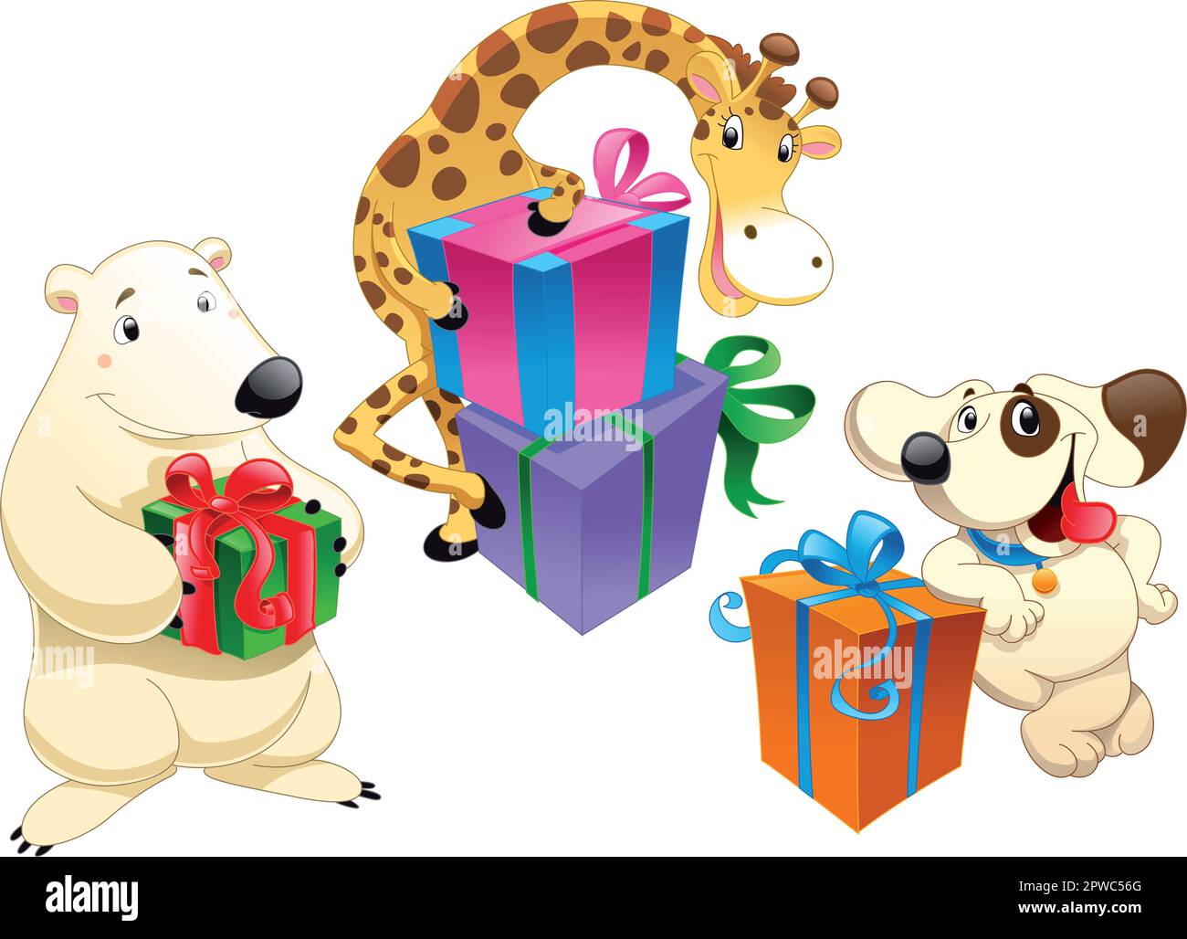 Animals and gifts, cartoon and vector characters for christmas, party ...