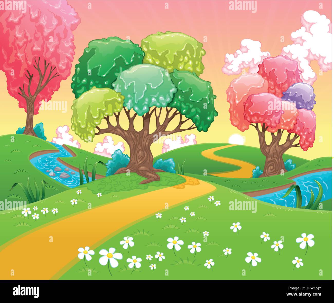 Fantasy landscape. Funny cartoon and vector illustration Stock Vector ...