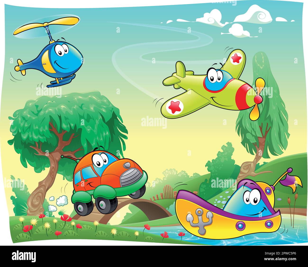 Funny vehicles in the countryside. Cartoon and vector illustration ...