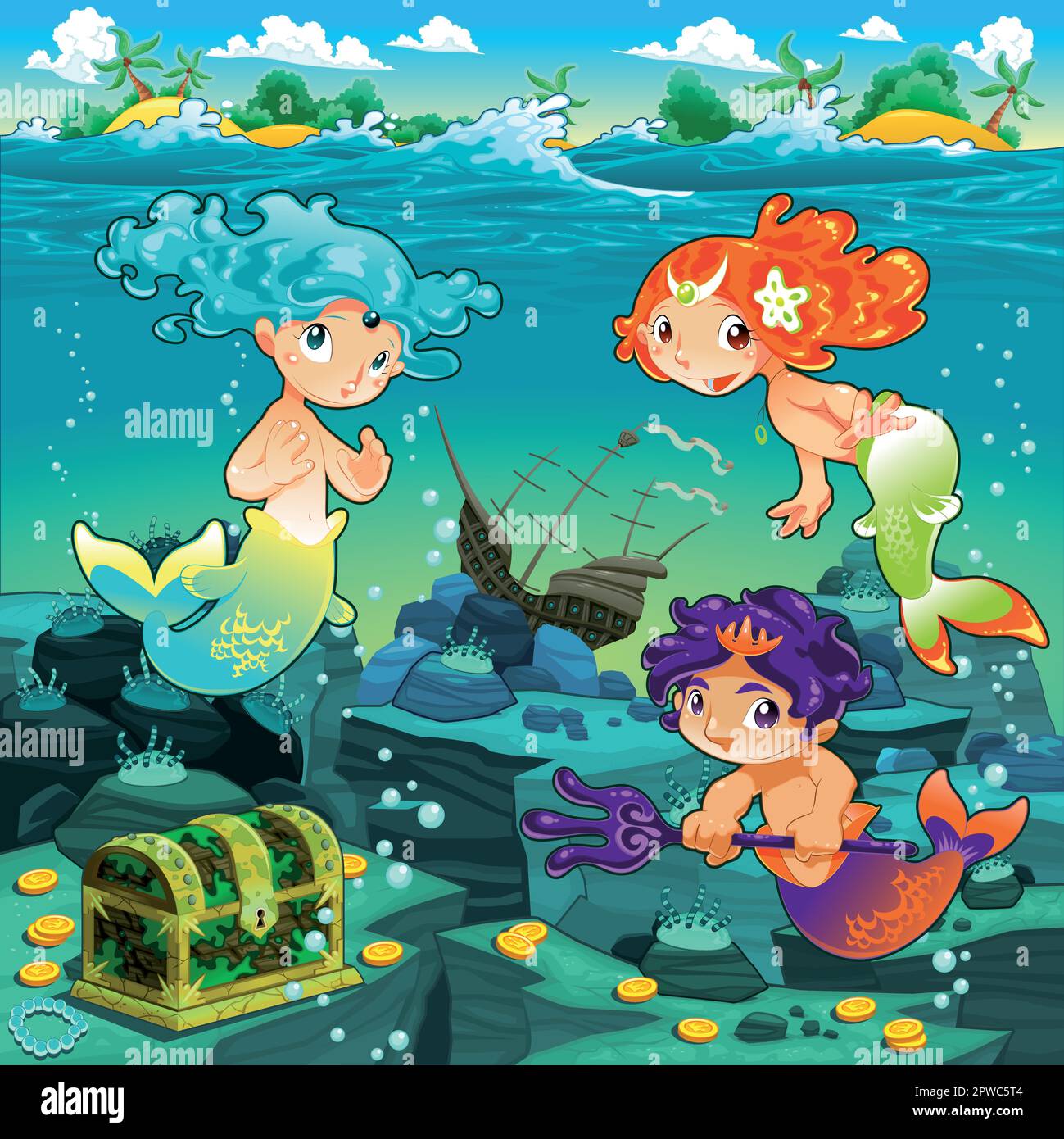 Seascape with mermaids and triton. Vector cartoon illustration Stock ...