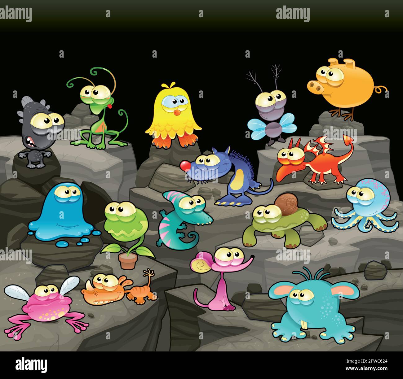 Family of monsters in the cave. Funny cartoon and vector isolated ...