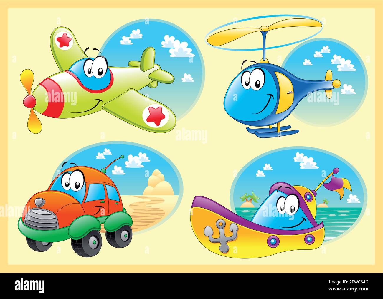 Family of vehicles with background. Cartoon and vector illustration ...