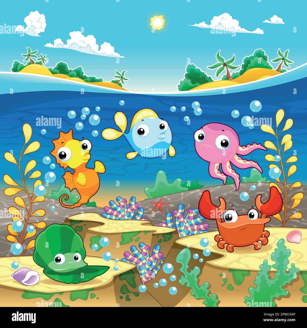 Happy marine family under the sea. Vector and cartoon illustration ...