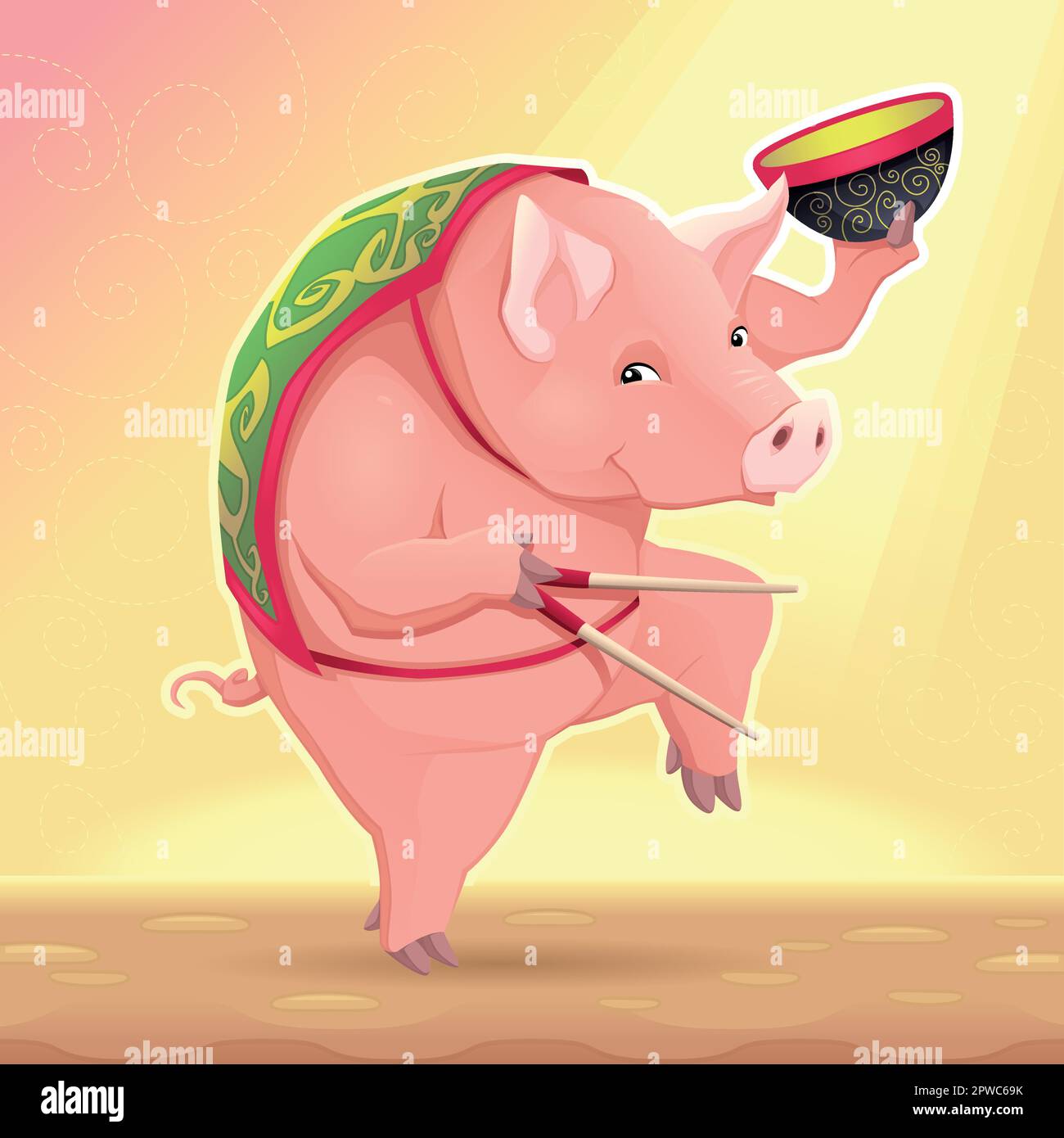 Funny pig with soup bowl and chinese sticks. Vector cartoon ...