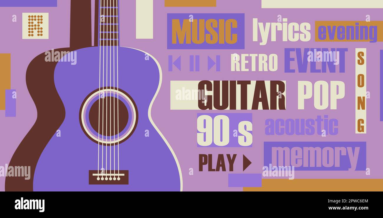 Acoustic guitar and next to it are many different inscriptions on a ...