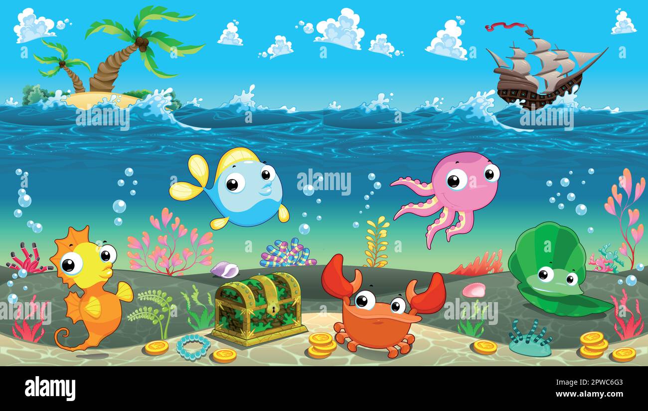 Funny scene under the sea. Vector cartoon illustration Stock Vector ...