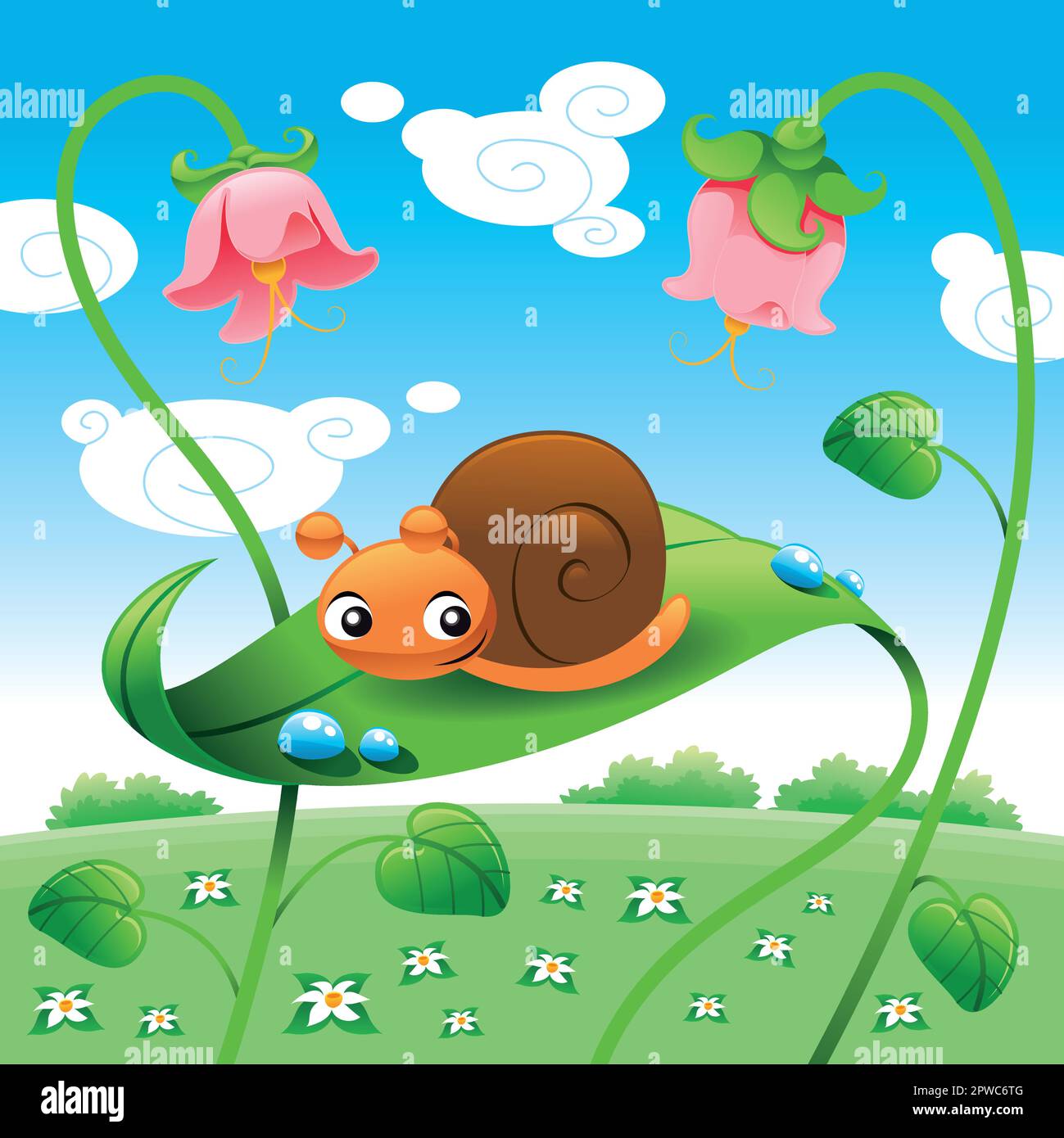 Snail on the leaf - cartoon and vector illustration Stock Vector Image ...