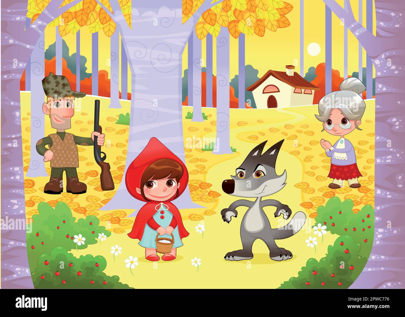 Little Red Hiding Hood scene. Funny cartoon and vector illustration ...
