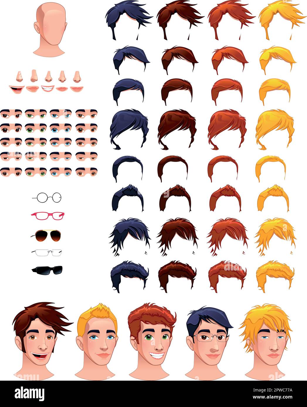Fashion male avatars. 8 hairstyles and 5 eyes in different colors, 5 ...
