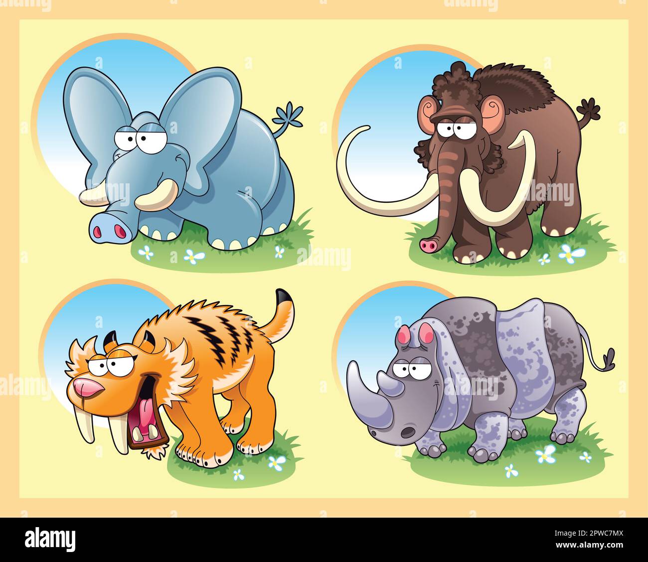 prehistoric animals with background, cartoon and vector characters ...