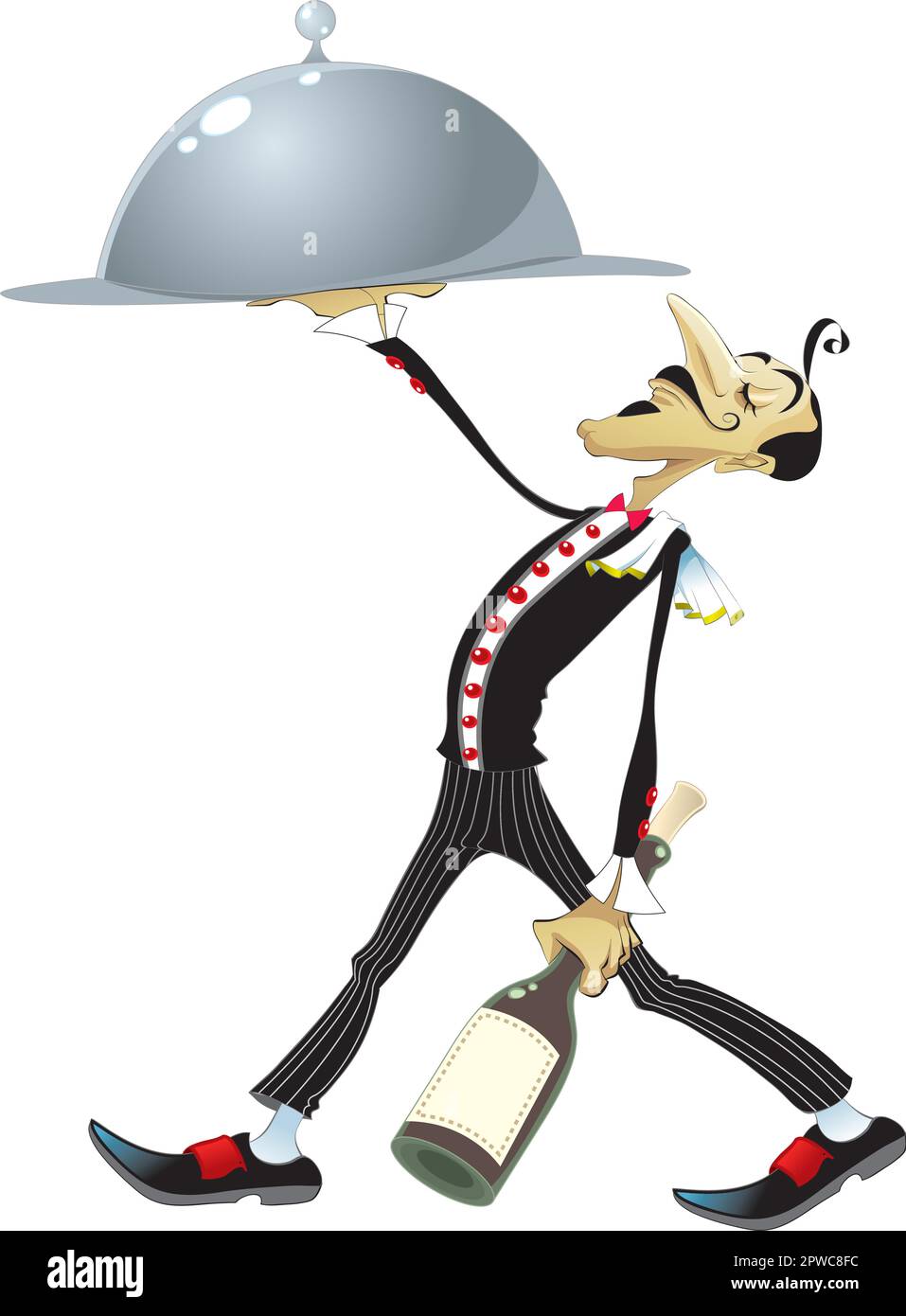 Funny waiter with a bottle of wine and a dish, vector and cartoon ...