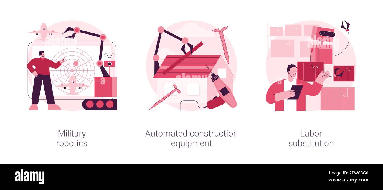 Artificial intelligence in industry abstract concept vector illustration set. Military robotics ...