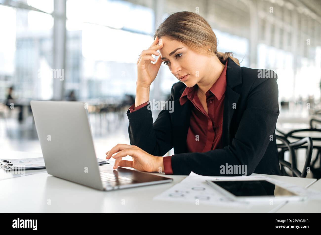 Stressed exhausted frustrated worried caucasian woman, company employee ...