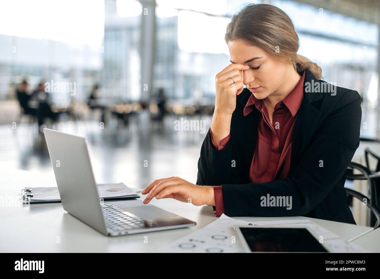 Overworked exhausted frustrated caucasian woman, company employee ...
