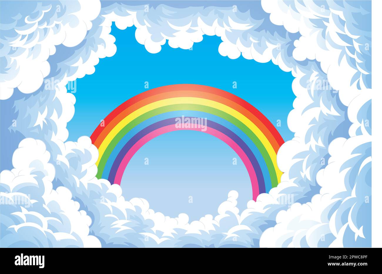 Rainbow in the sky with clouds. Cartoon and vector illustration Stock ...