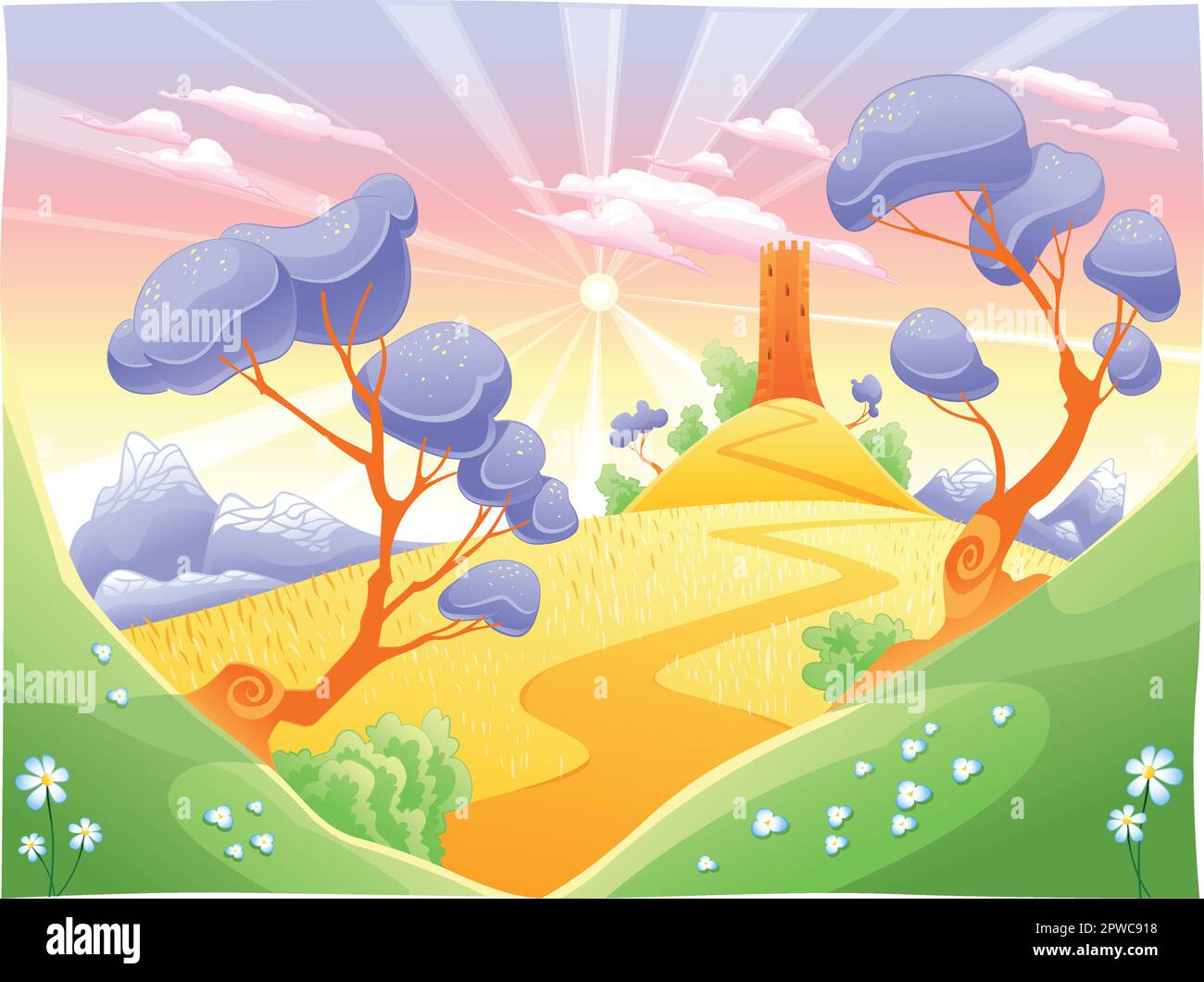 Landscape with tower. Funny cartoon and vector illustration Stock ...