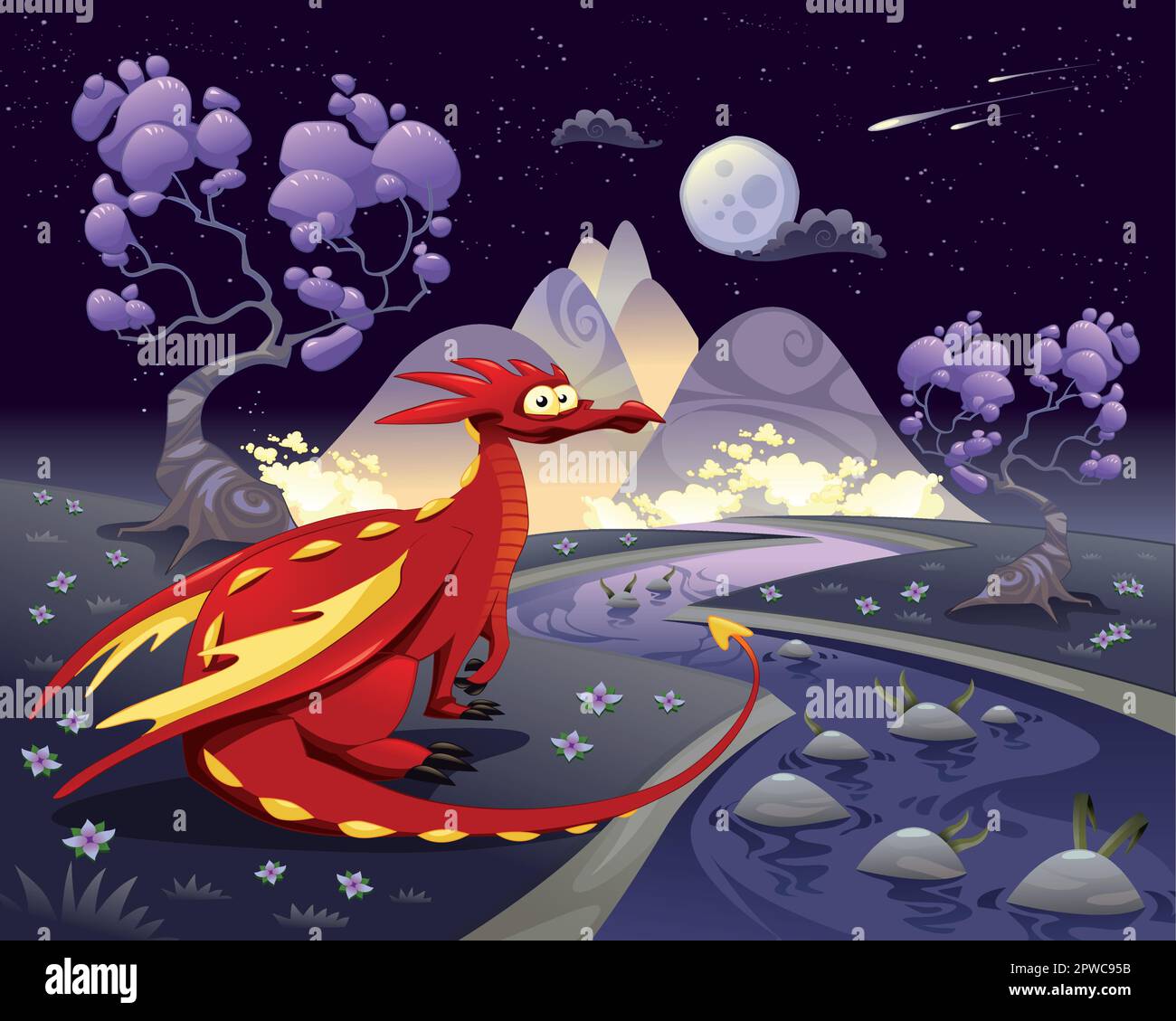Dragon in landscape in the night. Cartoon and vector illustration ...