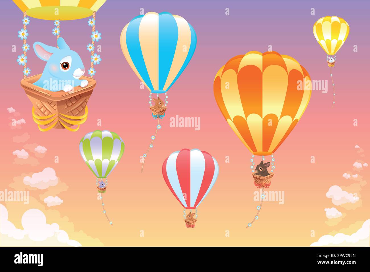 Hot air balloons in the sky with bunny. Cartoon and vector scene Stock ...