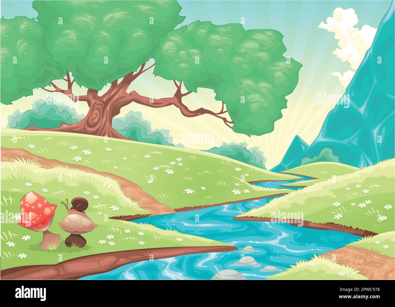 Cartoon landscape with stream. Vector illustration Stock Vector Image ...