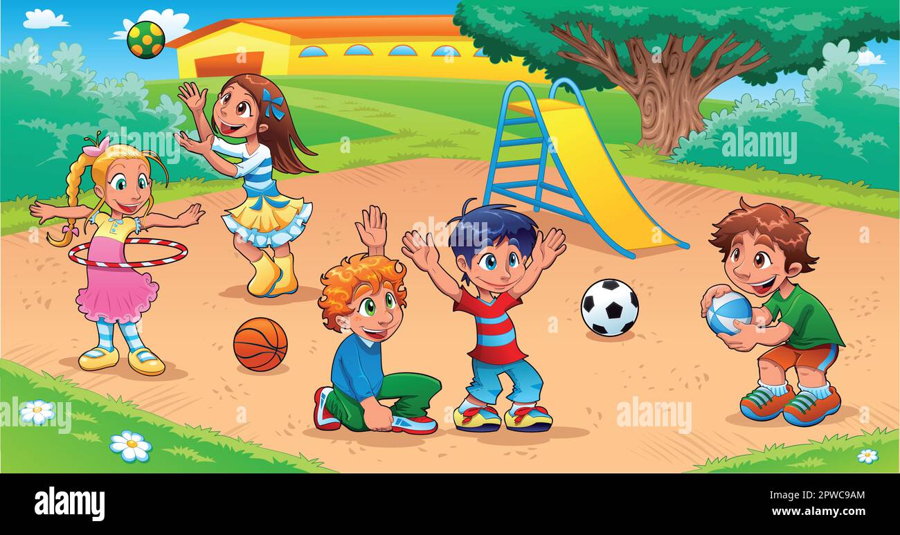 Kids in the playground. Funny cartoon and vector scene Stock Vector ...