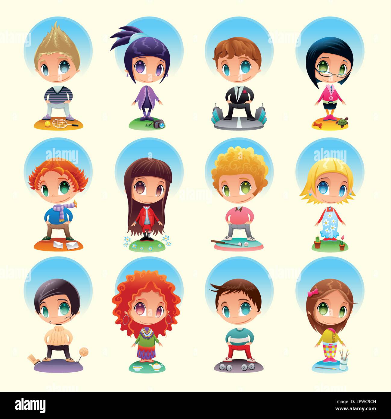 Set of funny people with characteristic objects. Cartoon and vector ...