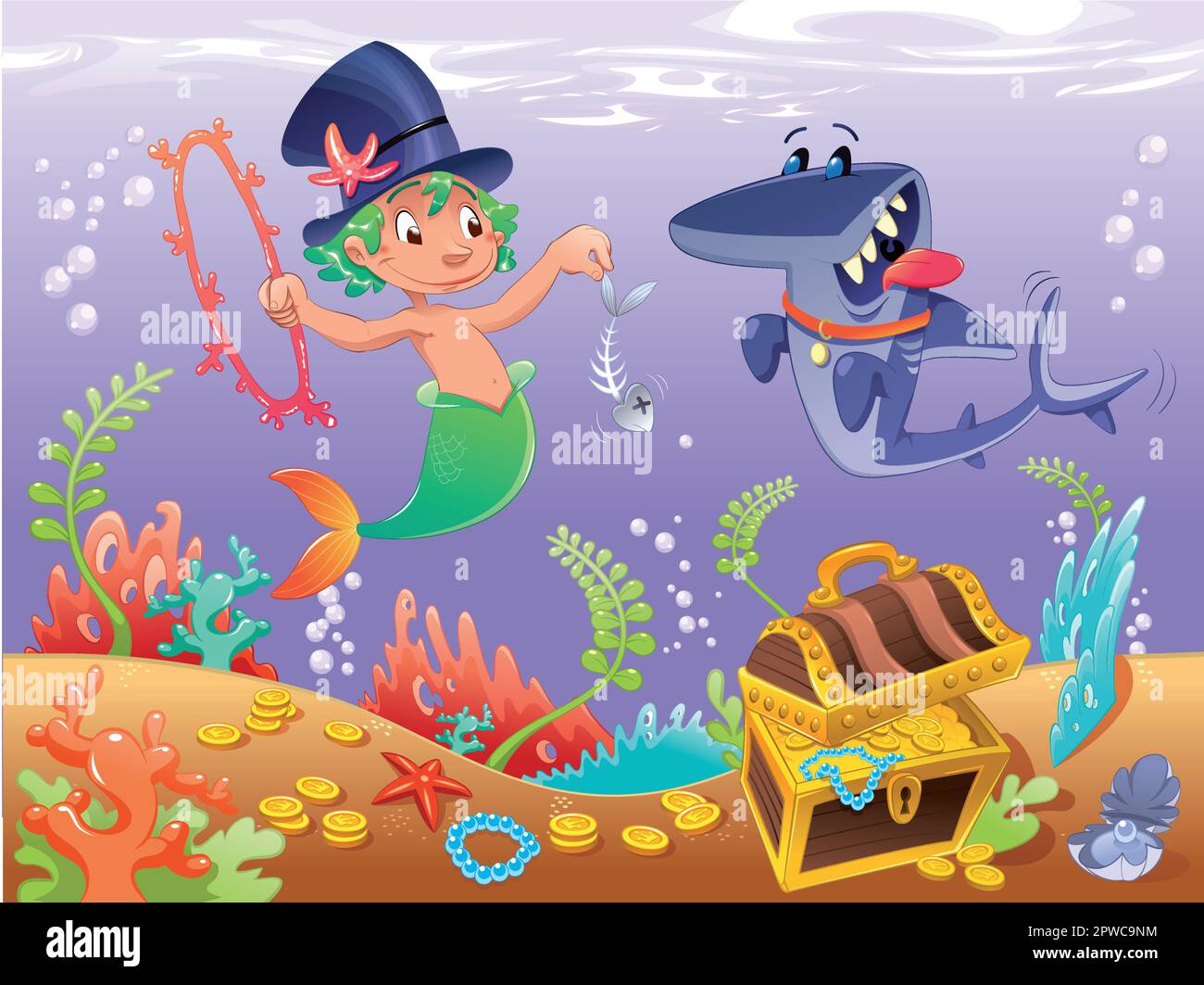 Triton with shark. Funny cartoon and vector characters Stock Vector ...