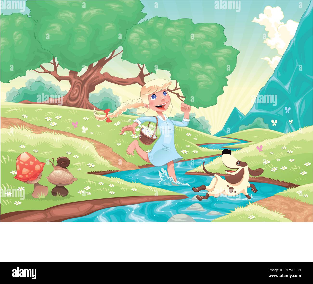 Young girl is running with dog in the nature. Funny cartoon and vector ...