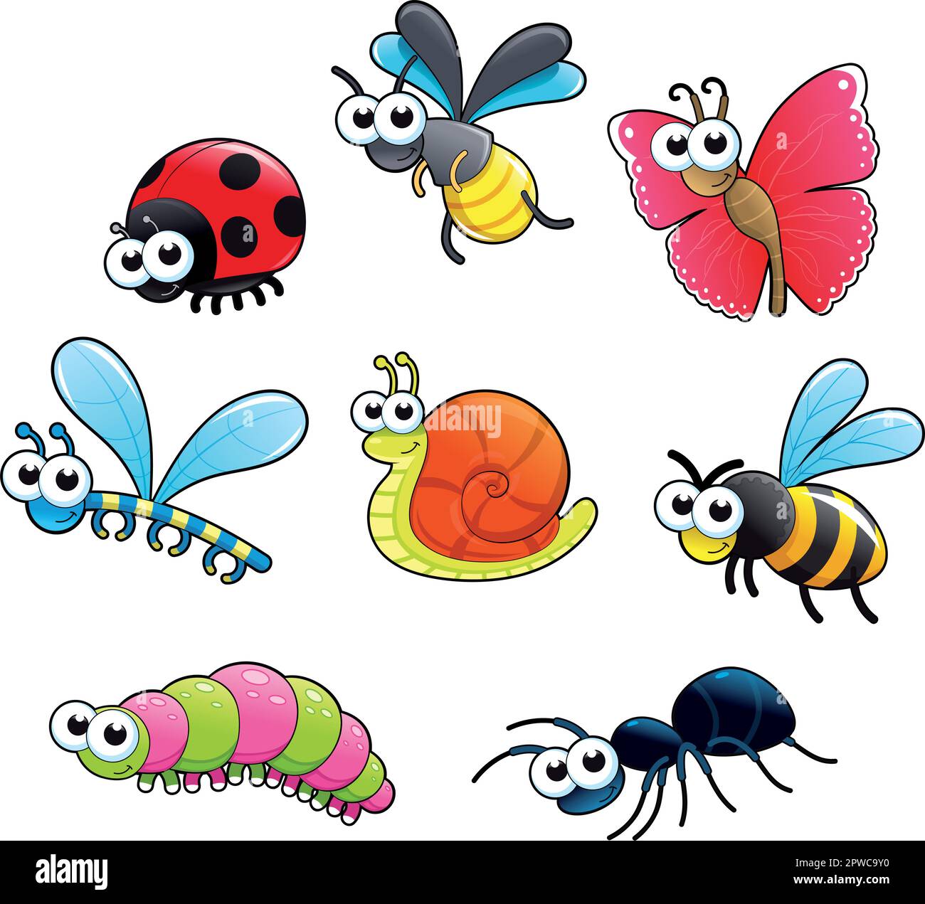 Bugs + 1 snail. Funny cartoon and vector isolated characters Stock ...