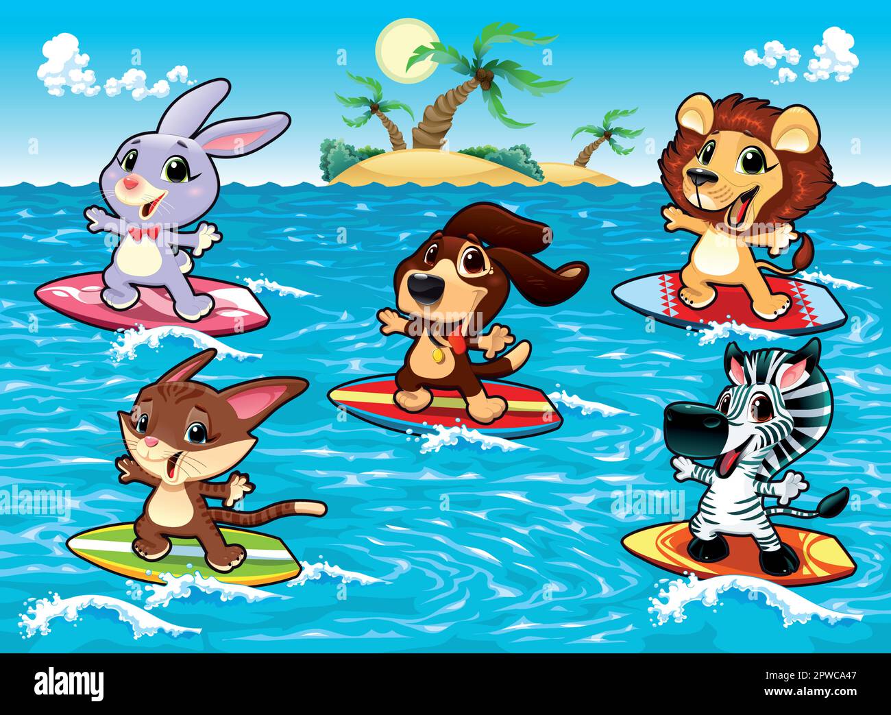 Funny animals are surfing in the sea. Cartoon and vector illustration ...
