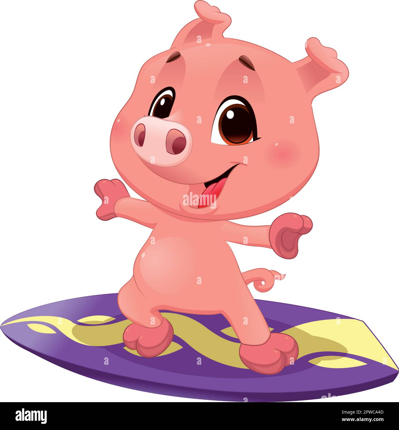 Pig with surf. Funny cartoon and vector sporty isolated character Stock ...