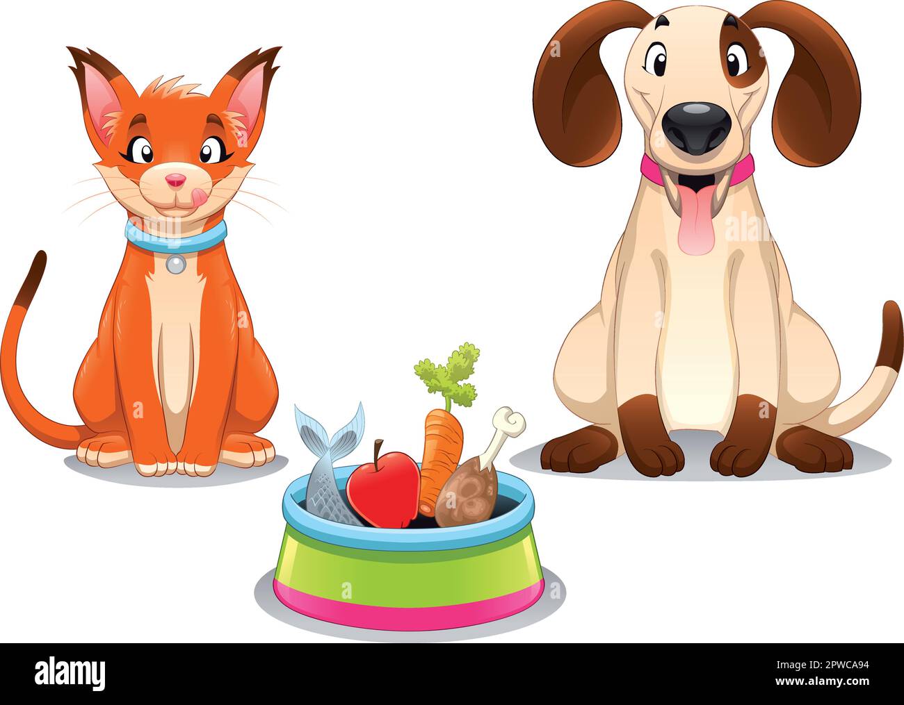 Cat and Dog with food. Funny cartoon and vector scene, isolated objects ...