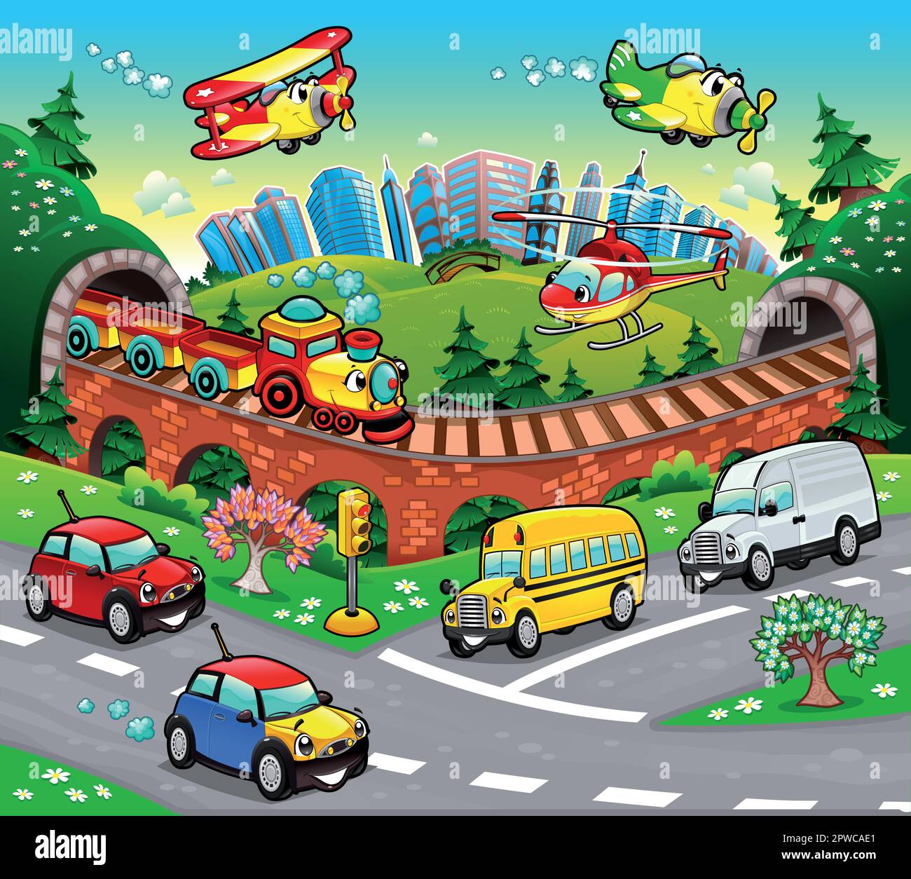 Funny vehicles in the city. Cartoon and vector illustration Stock ...