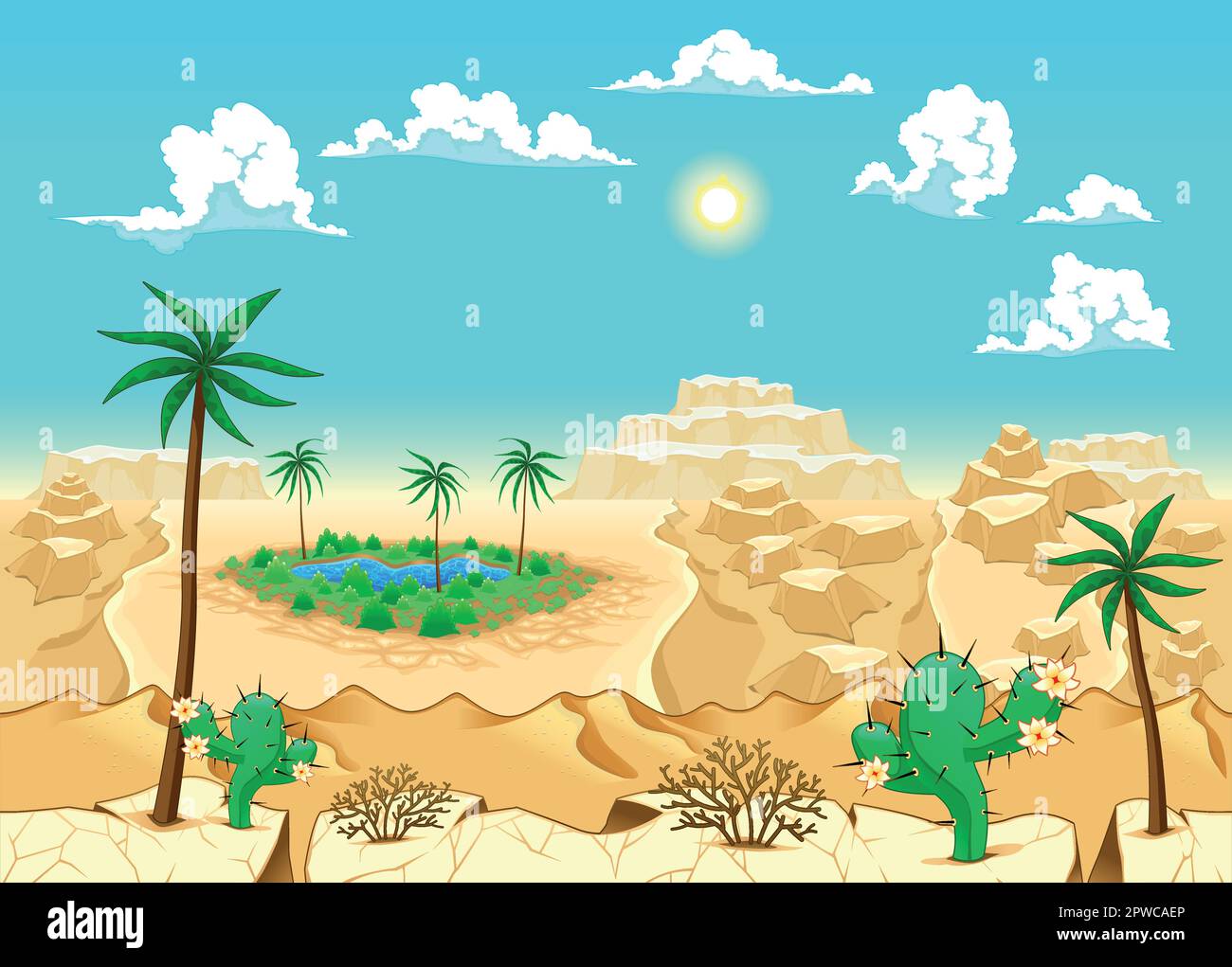 Desert with oasis. Vector illustration. The sides repeat seamlessly for ...