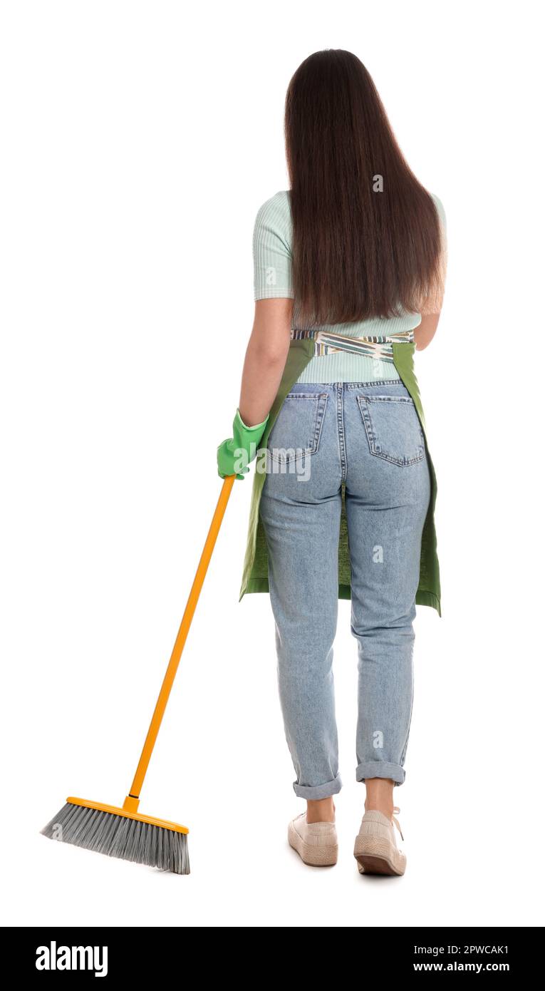 Beautiful young woman with broom on white background, back view Stock ...