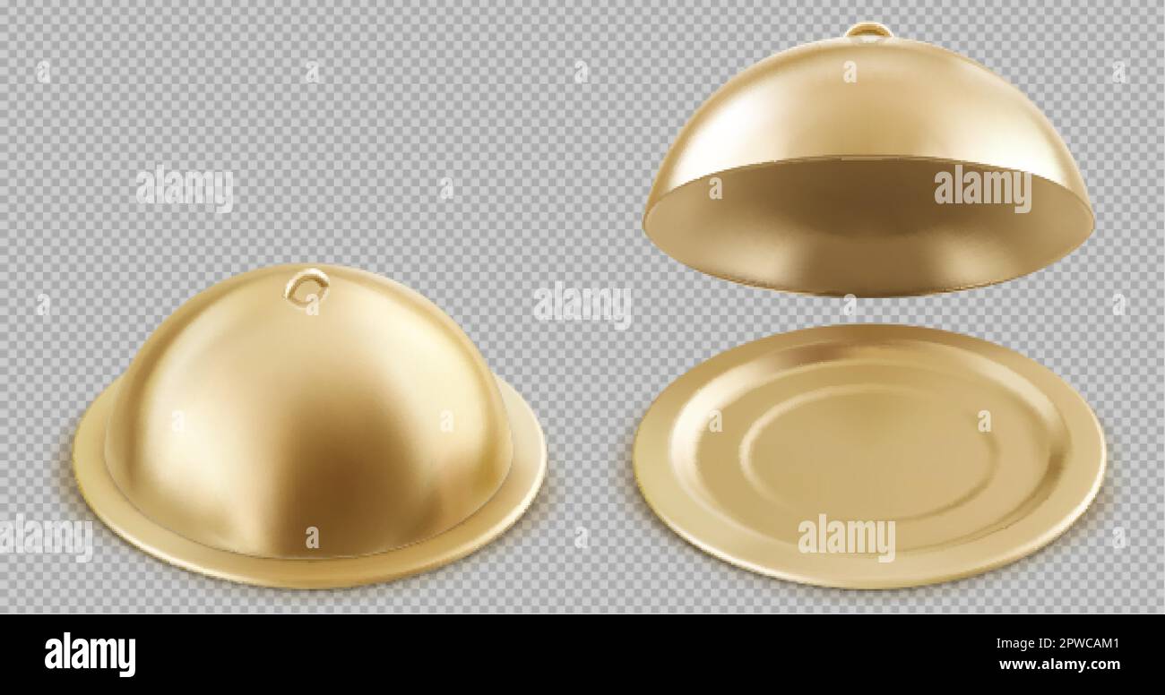 Realistic set of open and closed golden cloche food trays isolated on ...