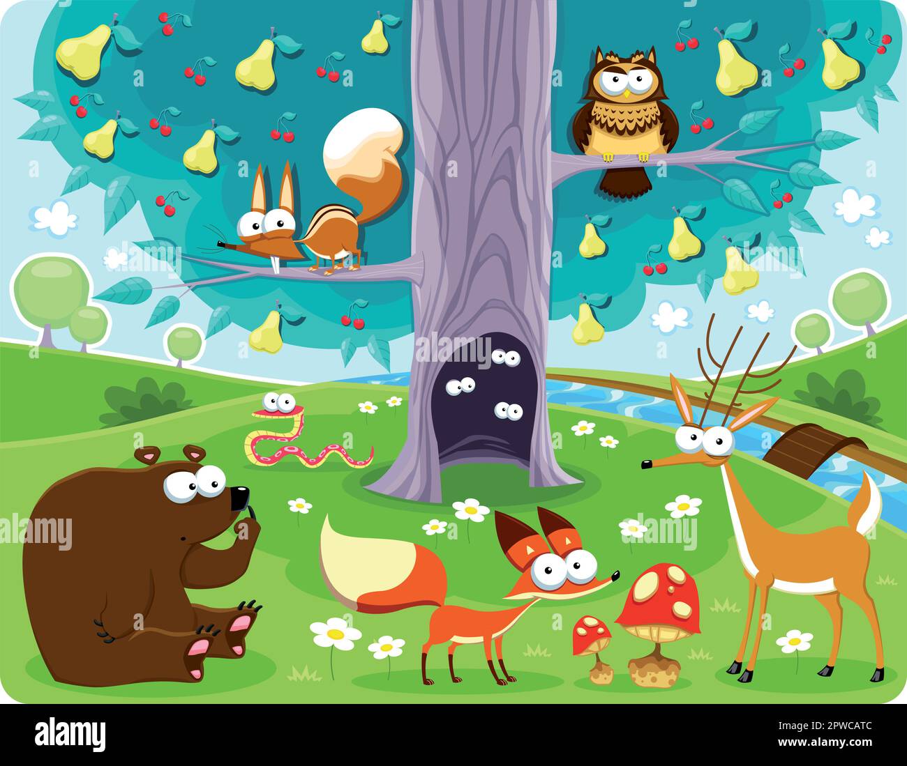Animals and tree. Vector and cartoon illustration Stock Vector Image ...