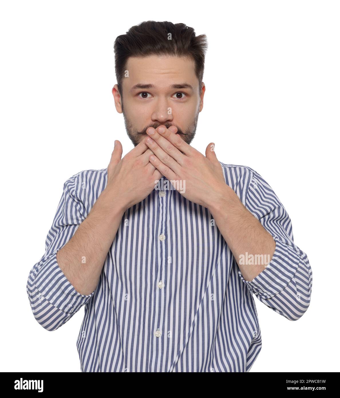 Embarrassed man covering mouth with hands on white background Stock Photo - Alamy
