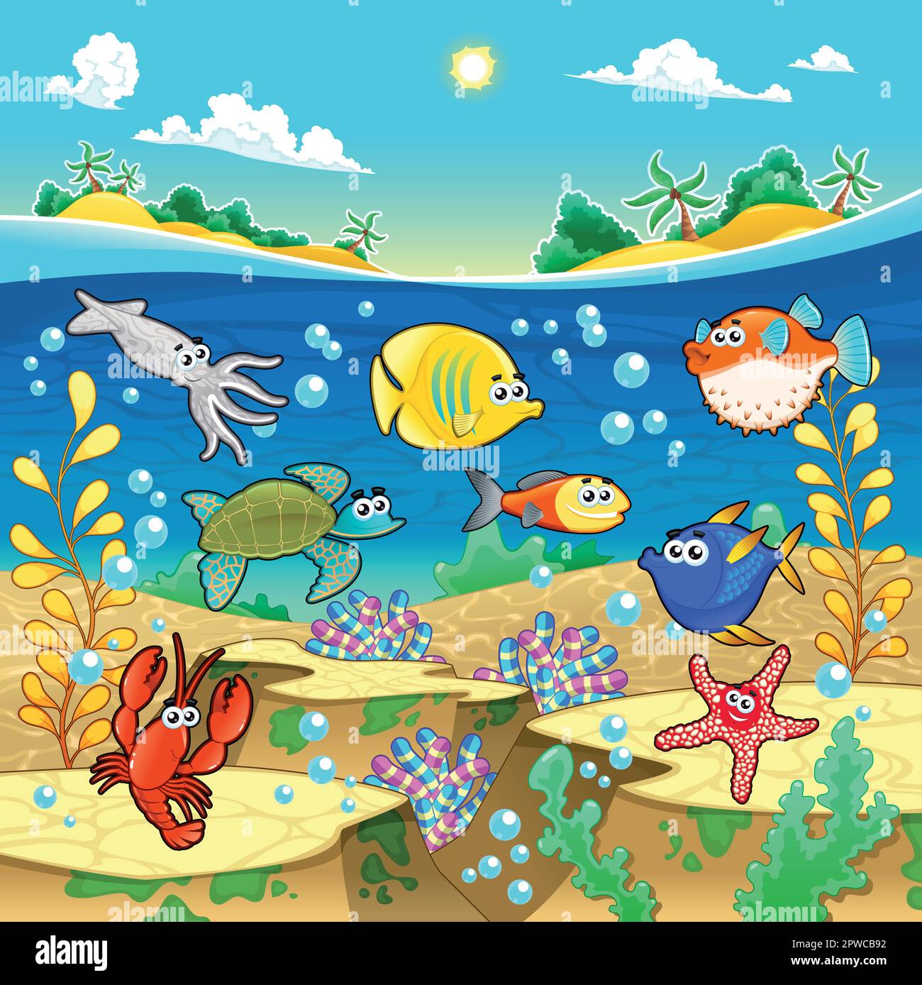 Family of funny fish in the sea. Vector and cartoon illustration Stock ...