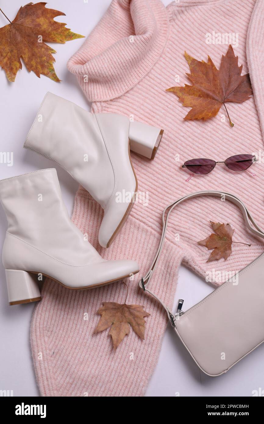 Fall fashion. Layout with woman's outfit on white background, top view ...