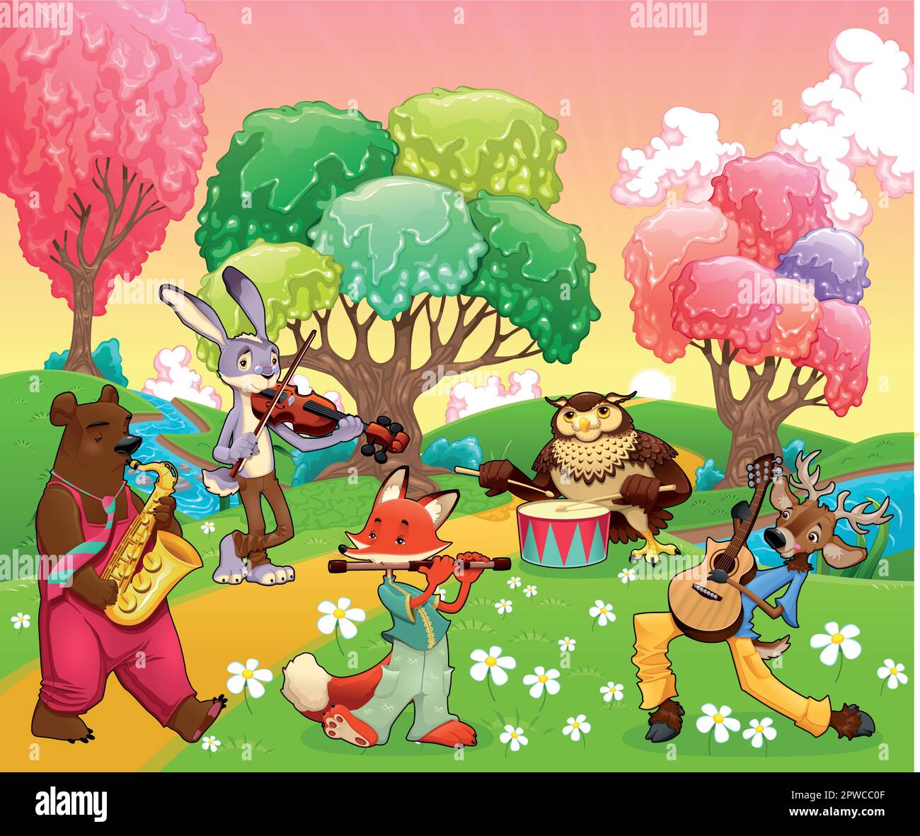 Musician animals in a fantasy landscape. Cartoon and vector ...